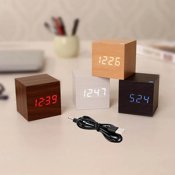 Digital Wooden LED Alarm Clock Wood Retro Glow Clock Desktop Table ...