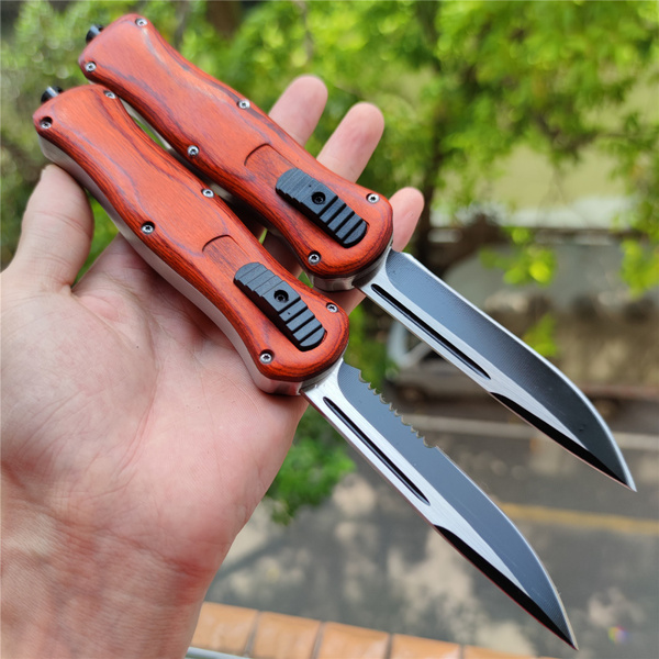 Wood Handle OTF Knife Switchblade Tactical Automatic Knife Spring ...