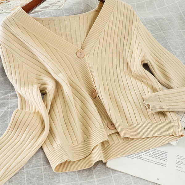 NEW Autumn and Winter New Women's Fashion Knit Sweaters Solid Color V-neck Button Cardigans Cute ...