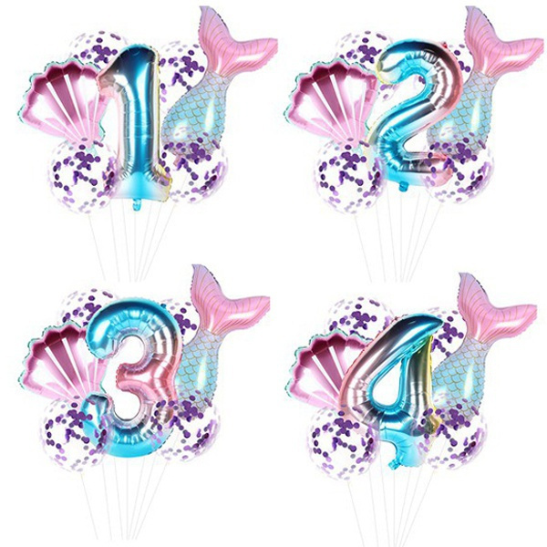 7pcs/lot Mermaid Balloons Number Balloons for 1st 2nd 3rd Birthday ...