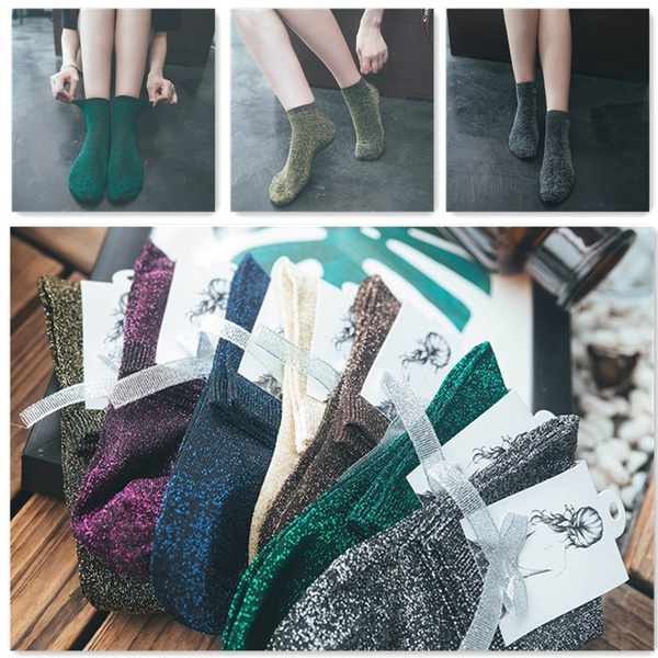 1 Pairs Retro Lady Glitter Shiny Piles Socks Thin Cotton Middle Tube ...