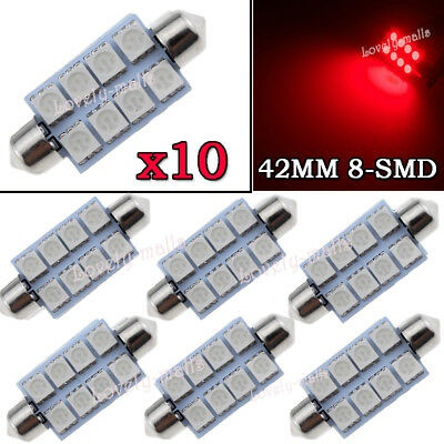 10X 12V Red LED Interior Light Dome Map 8SMD 41-42mm 1.72" Festoon Bulb ...