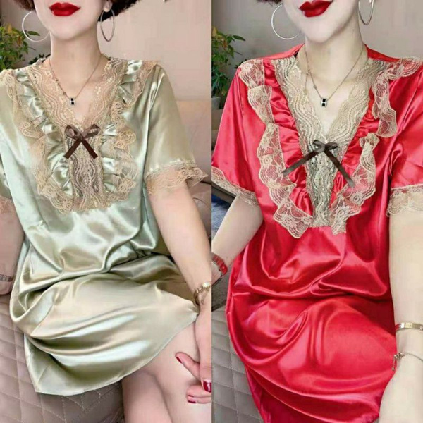 Plus Size 4XL Women Silk Soft Pajamas Dress Deep Neck Lace Satin Dress ... Plus Size 4XL Women Silk Soft Pajamas Dress Deep Neck Lace Satin Dress ...