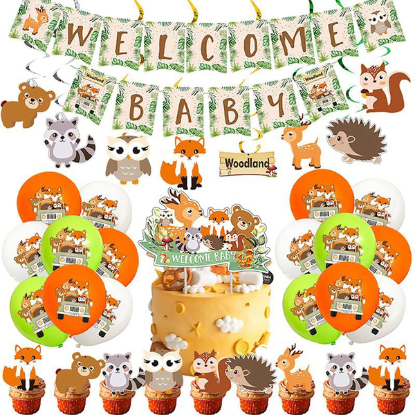 Woodland Animals Welcome Baby Banner Jungle Hanging Swirls Forest ...