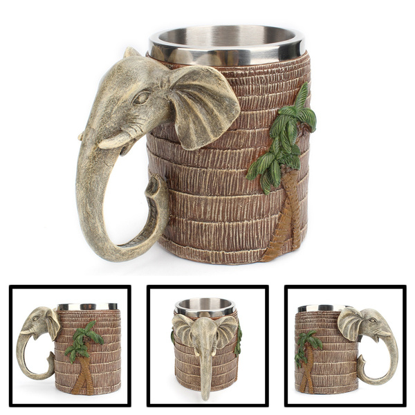 600ml Creative Stainless Steel Beer Mug 3D Resin Coconut Tree Elephant ...