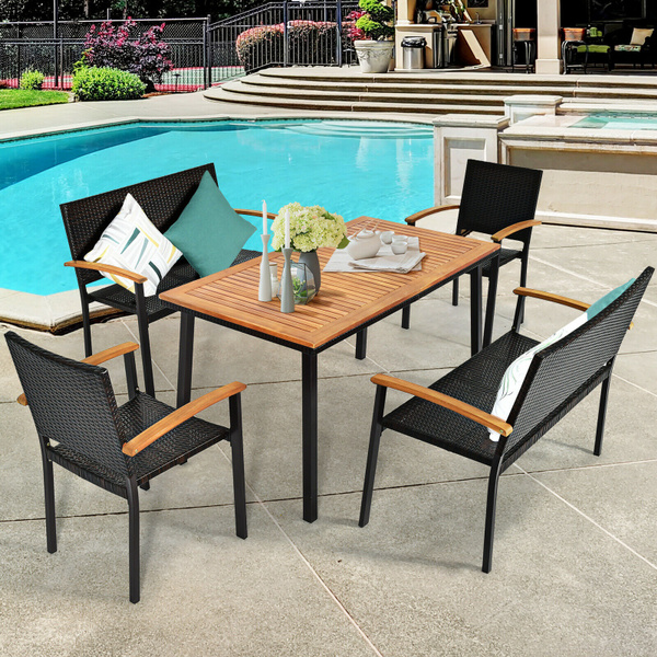 Patiojoy 5PC Patio Rattan Dining Set Acacia Wood Table Top Stackable ...