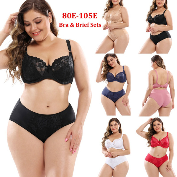 Plus Size Women Floral Lace Bra and Panties Sets Female Lingerie Full Cup Unlined Underwire ...