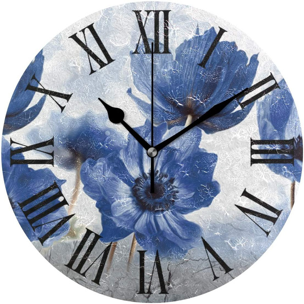 Blue Flowers Wall Clocks Battery Operated Silent Non Ticking Modern Round Wall Clock Decor For blue-flowers-wall-clocks-battery-operated-silent-non-ticking-modern-round-wall-clock-decor-for