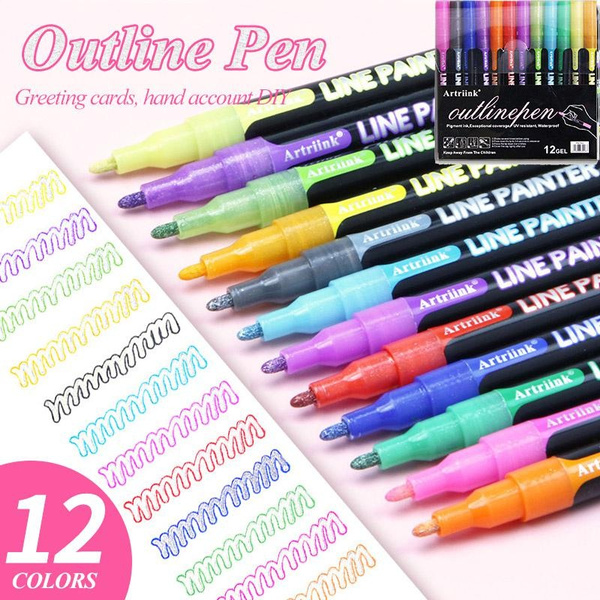 Double Line 12 Colors Markers Outline Pen Glitter Writing Drawing ...