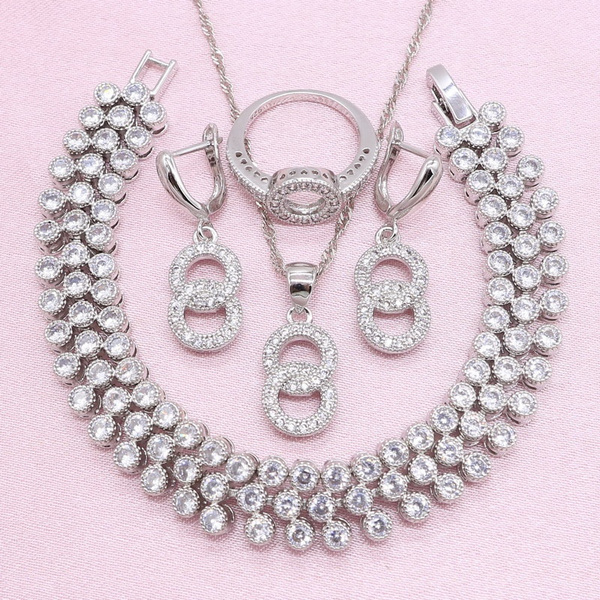 Women Silver Color Jewelry Sets Exquisite White Crystal Earring ...