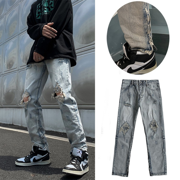 Men Ripped Jeans Hip Hop Biker Skinny Jeans Slim Fit Denim Pants | Wish