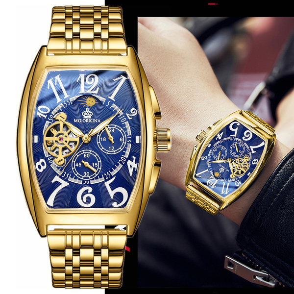 Relogio Mens Watch Gold Skeleton Square Automatic Wrist Watch Stainless ...