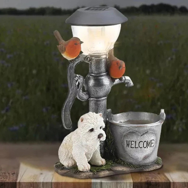 Solar Powered Cat Dog Sculpture LED Light Resin Statue Garden Animal ...