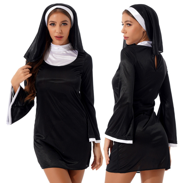 Naughty Nun Costume Halloween Stage Outfit Flare Sleeve Uniform Dress ...