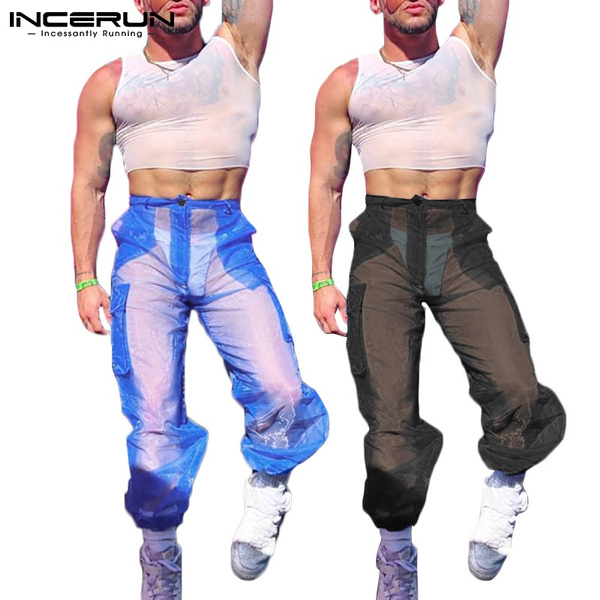 Fashion Men Baggy See Through Cargo Harem Pants Translucent Casual ...