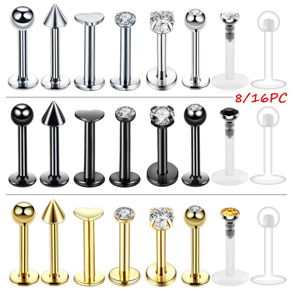8/16Pcs Zircon Internally Threaded Lip Stud Piercing Ear Cartilage ...