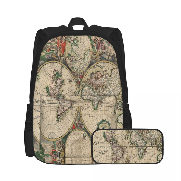 Antique Old Aged Map Of The World School Bag + Pencil Case Combination ...