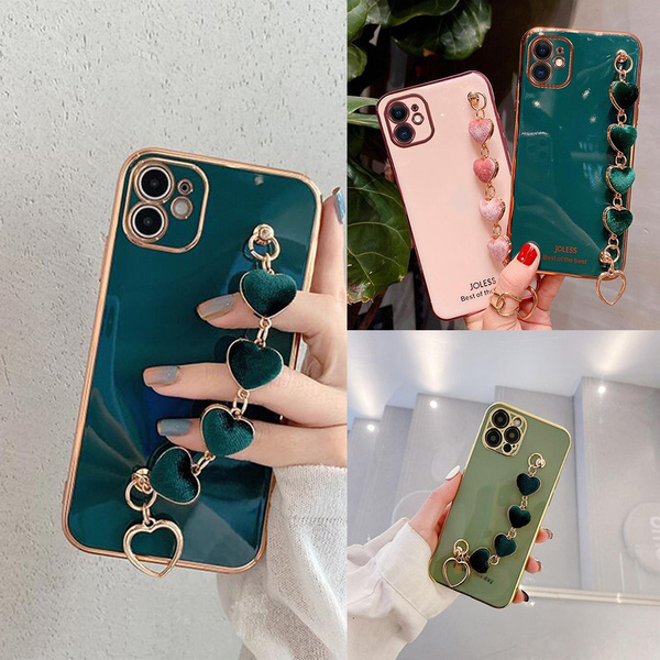 Luxury Electroplated Love Heart Wrist Strap Chain Soft Phone Case For ...