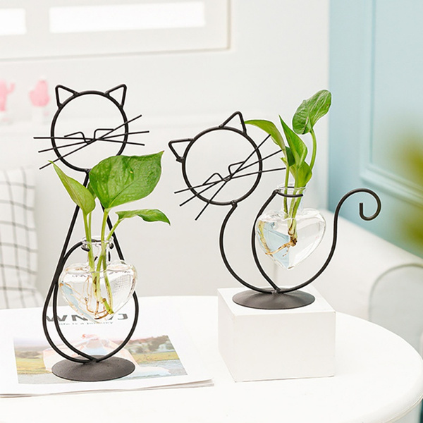 Hydroponic Plant Vases Cute Cat Flower Pot Transparent Vase Iron Frame ...