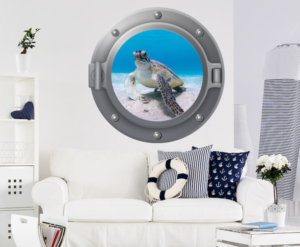 Sea Turtle Porthole Wall Decal. Nautical Vinyl Sticker Murals. View 3D ...