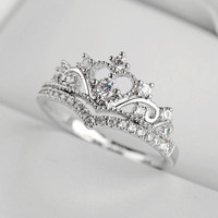 Cute Crystal Princess Crown Promise Fashion Ring In Silver Bride ...