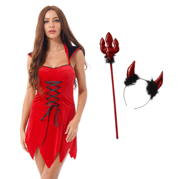 Women Sleeveless Dress Halloween Cosplay Costume Devil Horn Headband ...