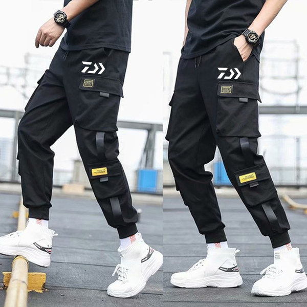 Men Ribbons Block Black Pocket Cargo Pants Harem Joggers Harajuku