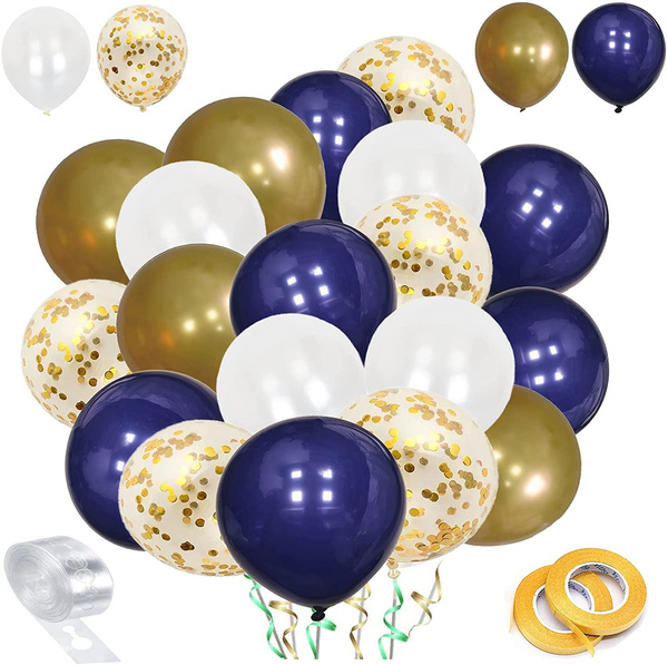60 pcs 12 inch Navy Blue and Gold Confetti Balloons, White Pearl and Gold Metallic Chrome ...