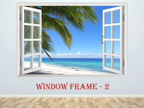 3D Window Beach Sea Wall decor Vinyl Poster Nature 3D Window view Wall ...