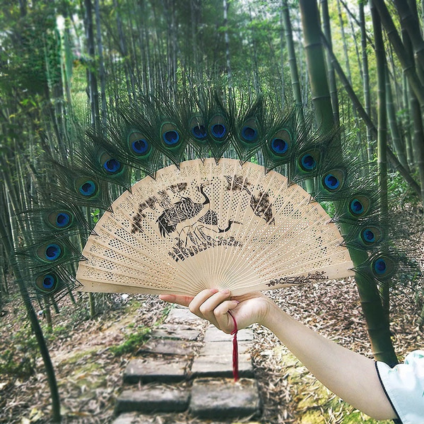 Peacock Feather Folding Fan Chinese Japanese Wood Carved Hollow ...