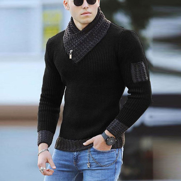 Men's High Neck Pullover Long Sleeve Sweater Casual Stitching Sweater ...