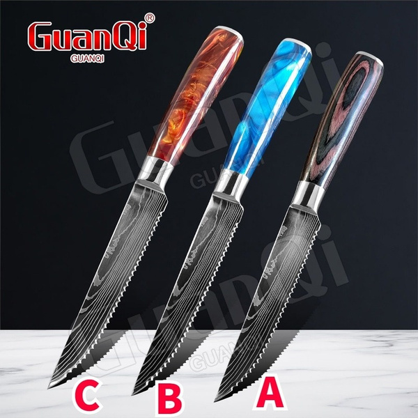Professional Steak Knife Damascus Meat Cleaver Serrated Knife Stainless ...