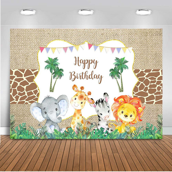 Jungle Animals Happy Birthday Backdrop for Photography Elephant Lion ...
