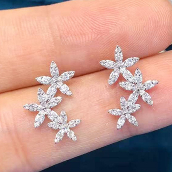Delicate Silver Plated Paved Diamond Three Flowers Stud Earrings Bride Engagement Party Jewelry ...
