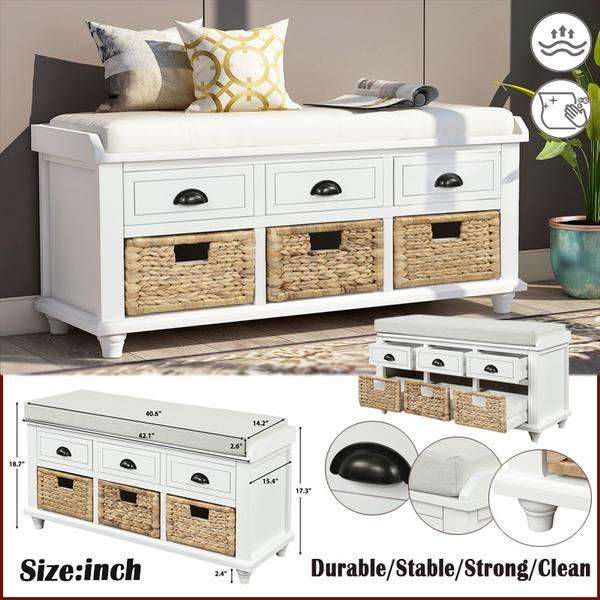 Rustic Storage Bench With 3 Drawers And 3 Rattan Baskets, Shoe Bench ...
