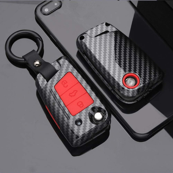 Carbon Fiber Texture Flip Key Cover Case Silicone ABS Key Protector ...