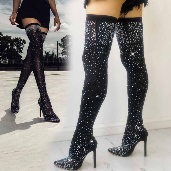 Women Boots Shiny The High-heeled Boots with Sharp Tips Shine Sequins ...