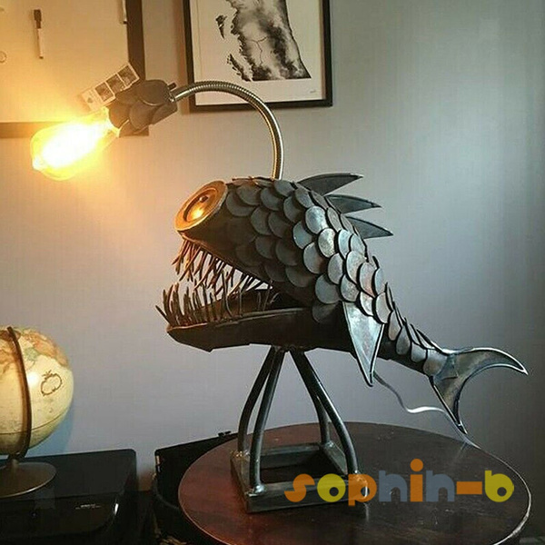 Piranha Angler Fish Table Desk Light Lamp Iron Rustic Gift Ornament Art ...