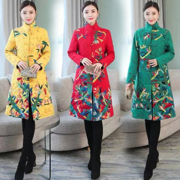 Women Quilted Jacket Ethnic Retro Print Mid-length Puffer Coat Chinese ...