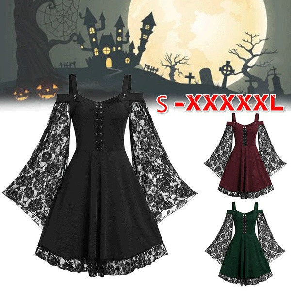 New Vintage Gothic Women Dress Lace Crochet Flare Sleeve Vampire Witch ...