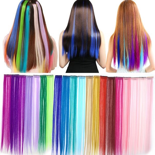 Single 20" Strips Ombre Clip In Rainbow Color Colored Synthetic Hair ...