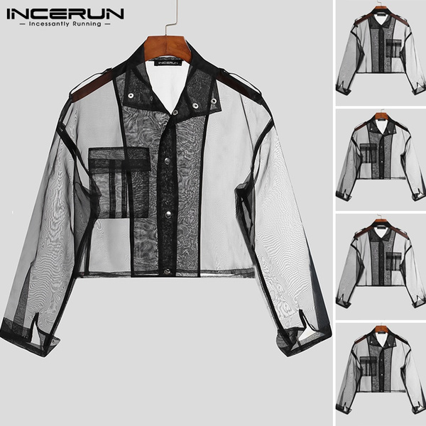 INCERUN Men's Long Sleeve Mesh Light Jacket See Through Buttons Cropped ...