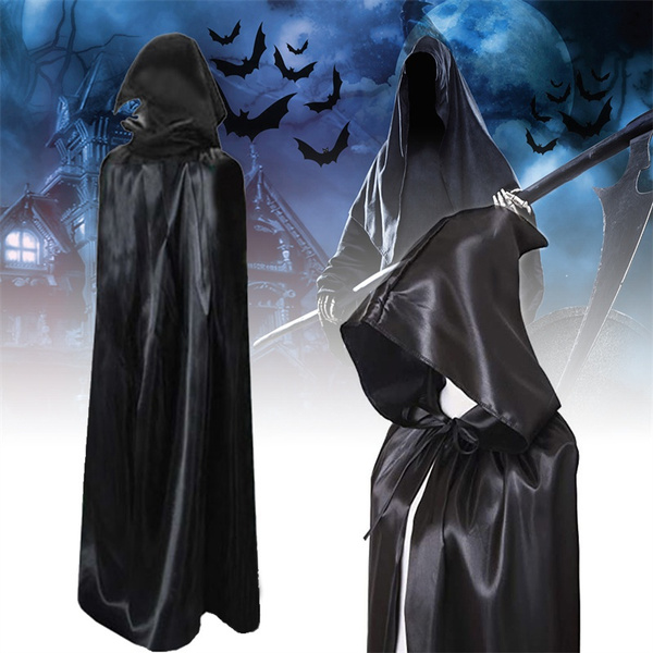 Black Hooded Cloak Cape Halloween Wicca Robe Coat Witches Princess ...