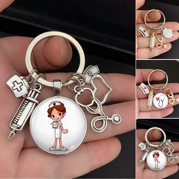 nurse medical syringe stethoscope image keychain Cute glass dome key ...