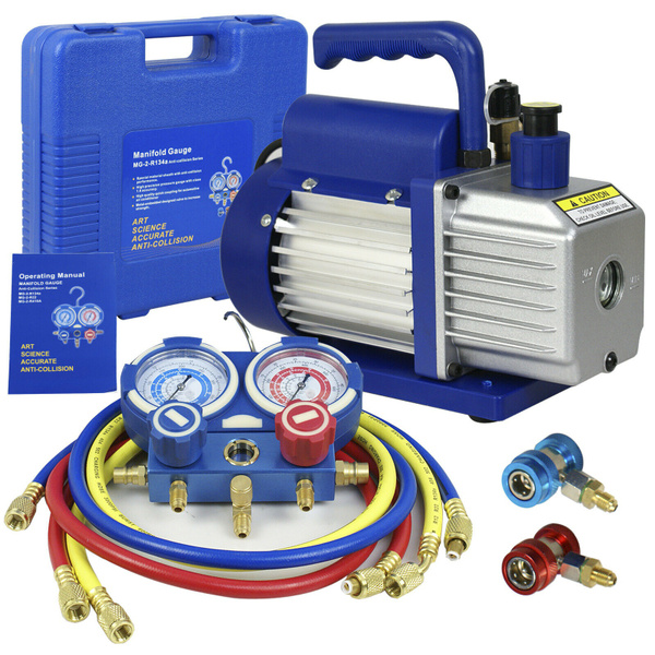 3 Valve Manifold Dual Gauge R134A R410A R22 A/C HVAC w/ 4CFM 1/3HP ...