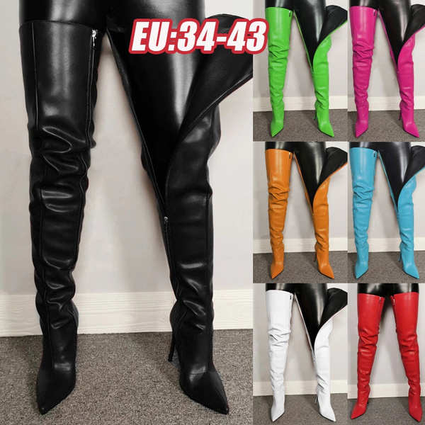 2022 Women's High Heel Tall Boots Pu Leather Boots Sexy Pointed Side ...