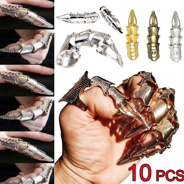 Retro Punk Rings Rock Scroll Joint Armor Knuckle Metal Full Finger Claw ...