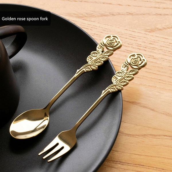 Creative Royal Rose Spoon Fork Coffee Stir European Retro Style Golden ...