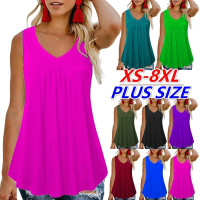 XS-8XL Women Fashion Summer V-neck Sleeveless Tops Loose Pleated Tank Tops Ladies Fashion Swing ...