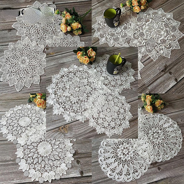 Round White Lace Embroidery Table Place Mat Christmas Tea Pad Placemat ...